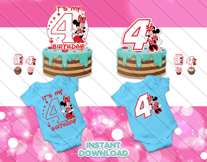 Minnie Mouse 4th Birthday SVG & PNG Designs: Cake Toppers (digital ...