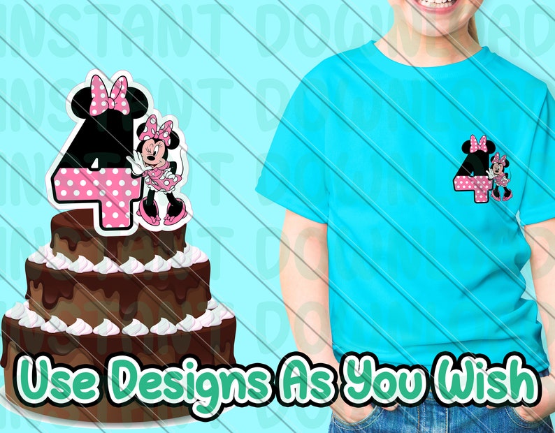 Pink Minnie Mouse 4th Birthday Printable: SVG, PNG, Cake Topper ...