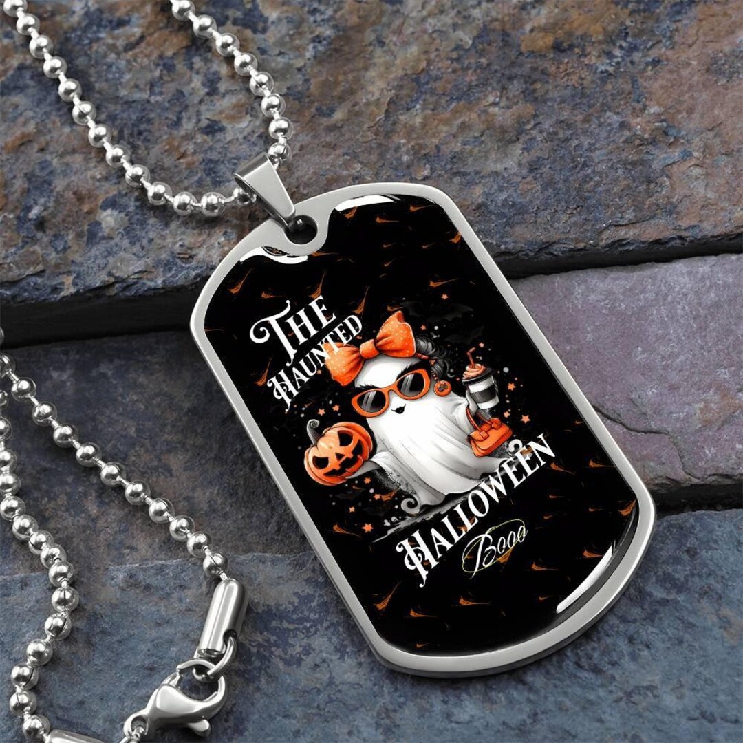 Halloween Ghost Dog Tag Necklace: Spooky Pumpkin Skull Pendant - Etsy