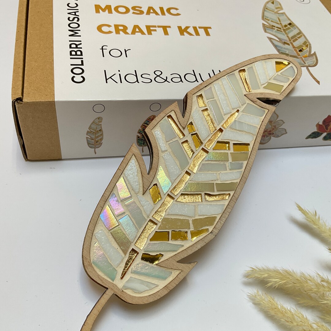 DIY Mosaic Feather Kit: Gold & White Glass Art Craft - Etsy