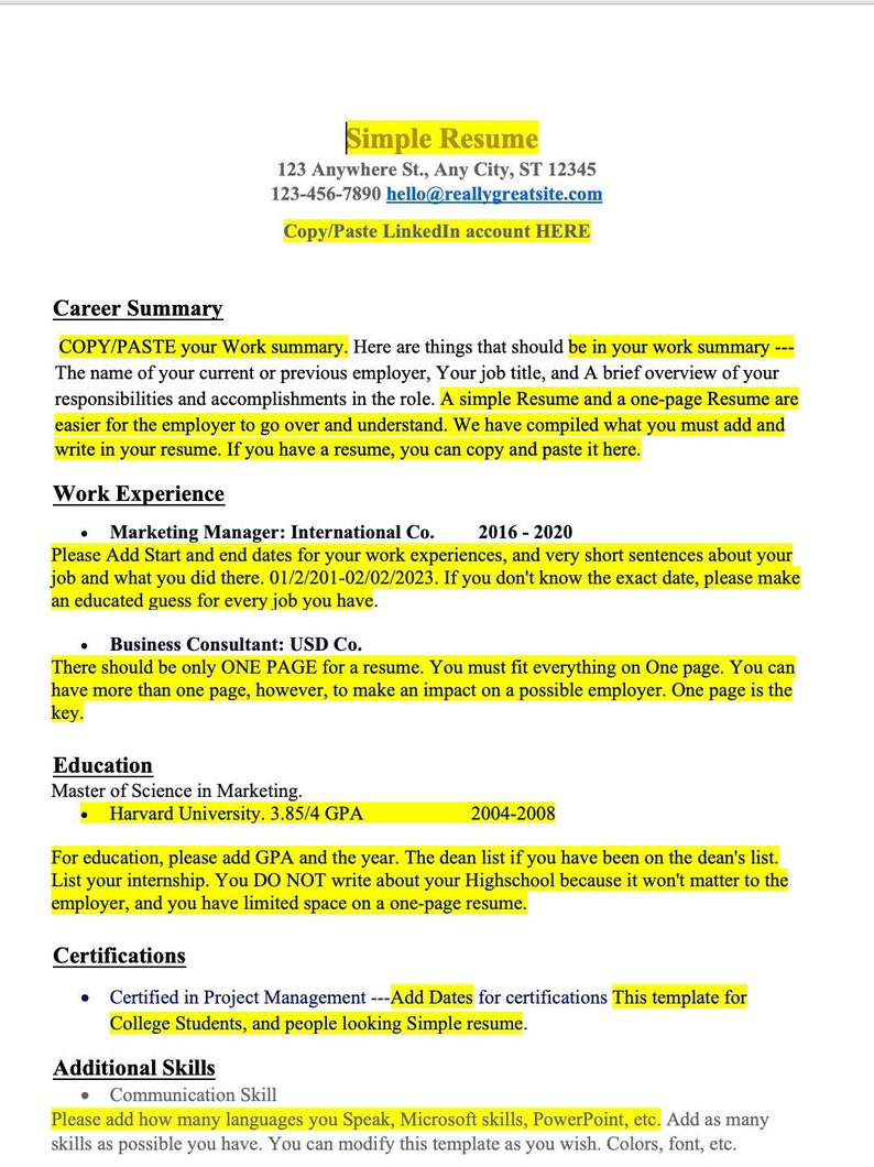 Simple Resume & Step by Step Directions in the Resume for College ...