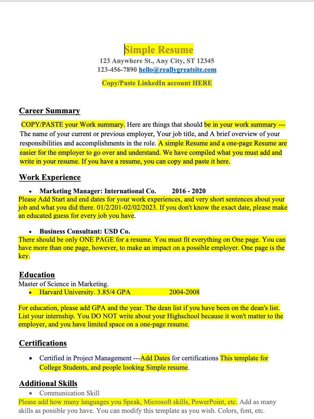 Simple Resume & Step by Step Directions in the Resume for College ...