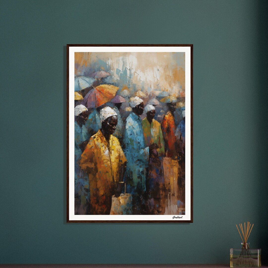Nigerian Art Print: African Village Scene, Colorful Umbrellas, Framed ...