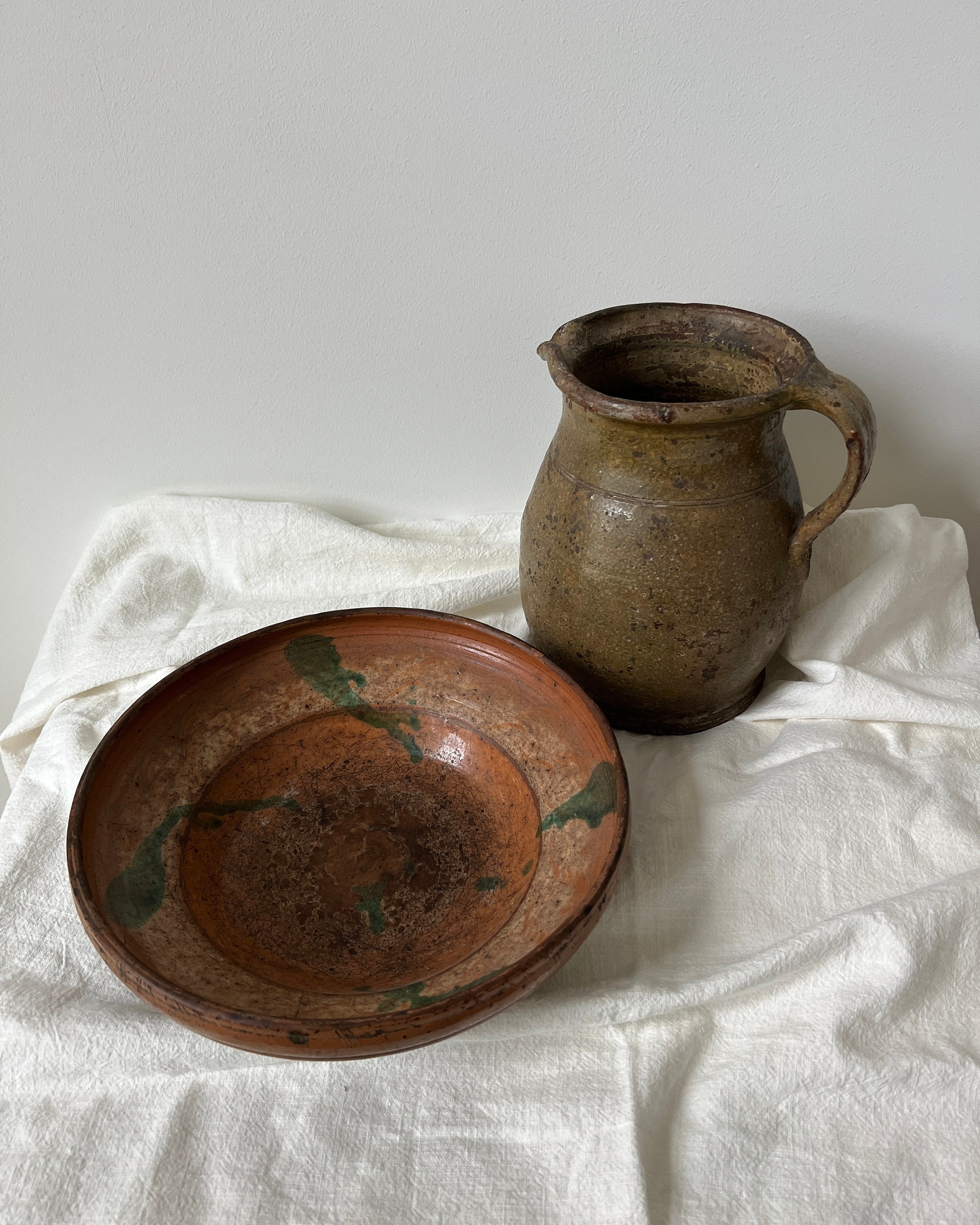 Large Antique Stoneware Jug With Bowl Vintage Handmade Vessel Old ...