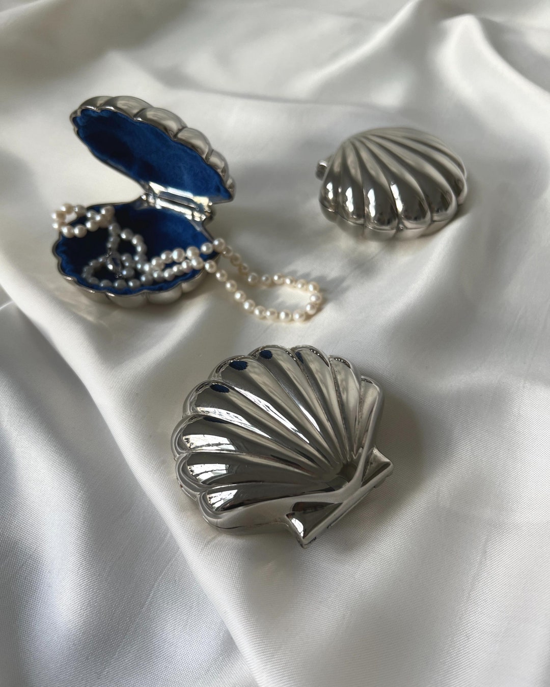 Silver Sea Shell Jewelry Box | Vintage Clam Shell Ring Box | Mid ...