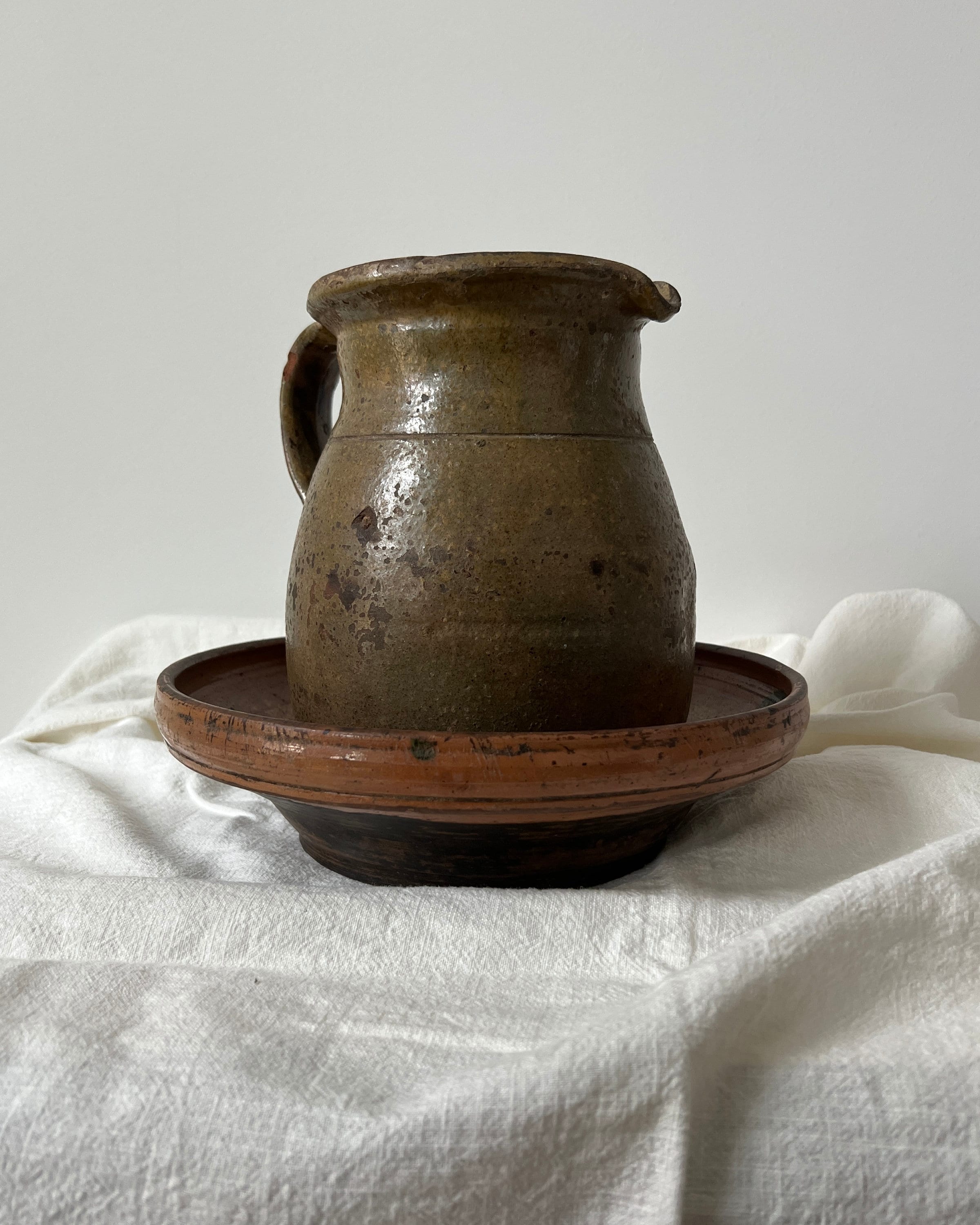 Large Antique Stoneware Jug With Bowl Vintage Handmade Vessel Old ...