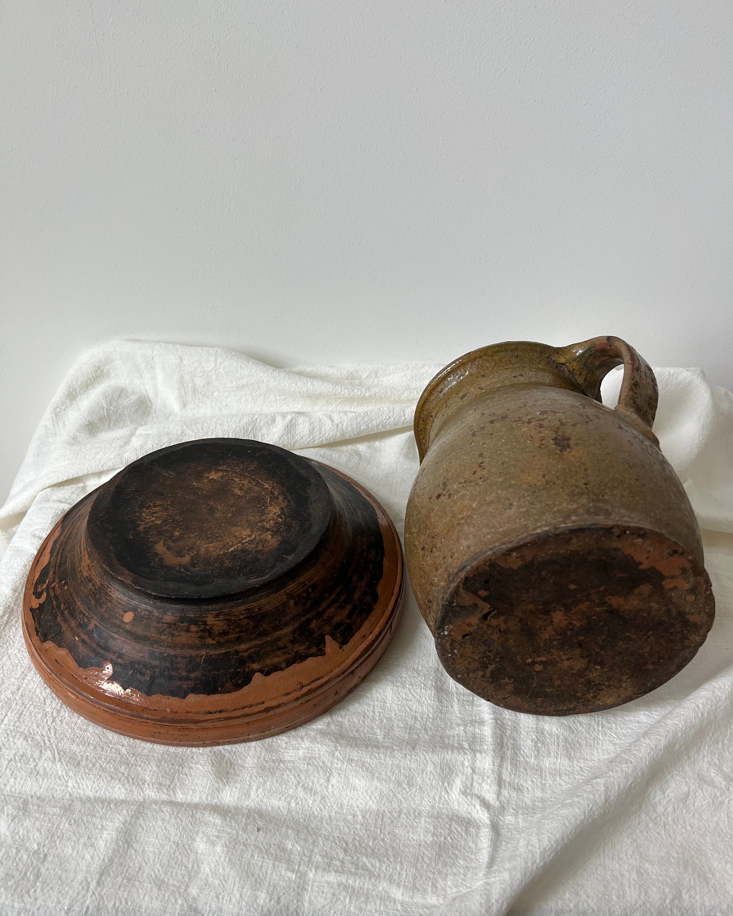 Large Antique Stoneware Jug With Bowl Vintage Handmade Vessel Old ...