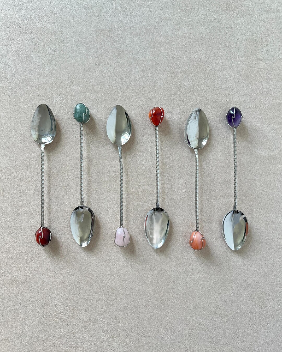 Brazilian ESTILO Silver Twisted Dessert Spoon With Unique Semi-precious ...