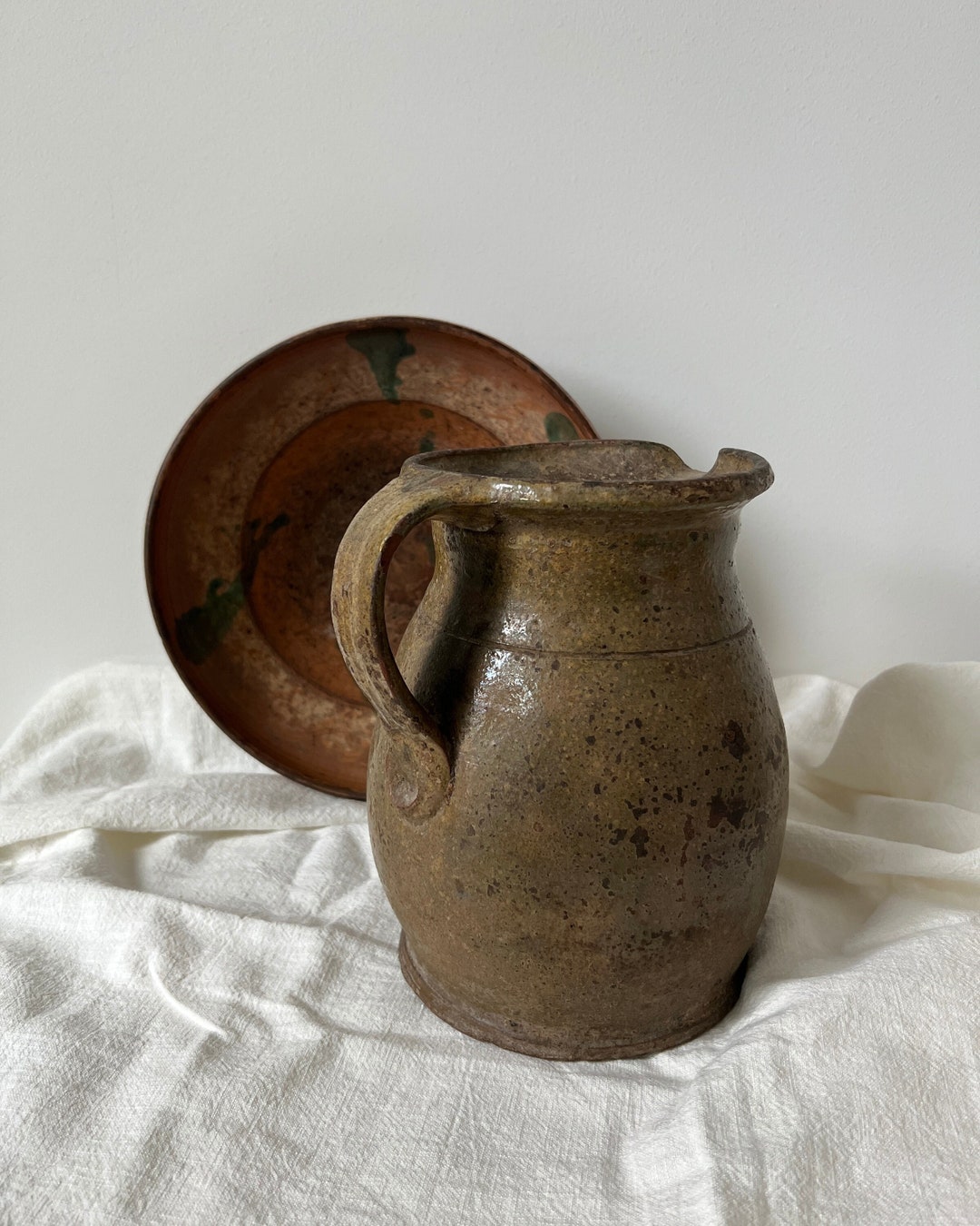 Large Antique Stoneware Jug With Bowl | Vintage Handmade Vessel | Old ...