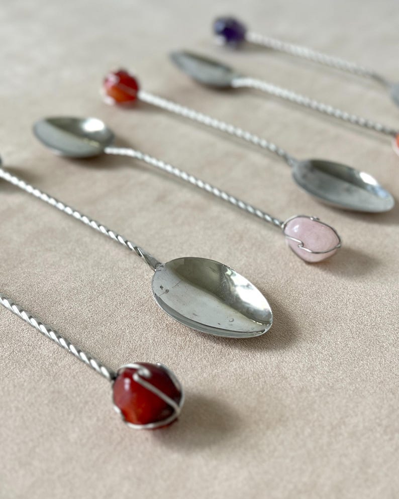 Brazilian ESTILO Silver Twisted Dessert Spoon With Unique Semi-precious ...