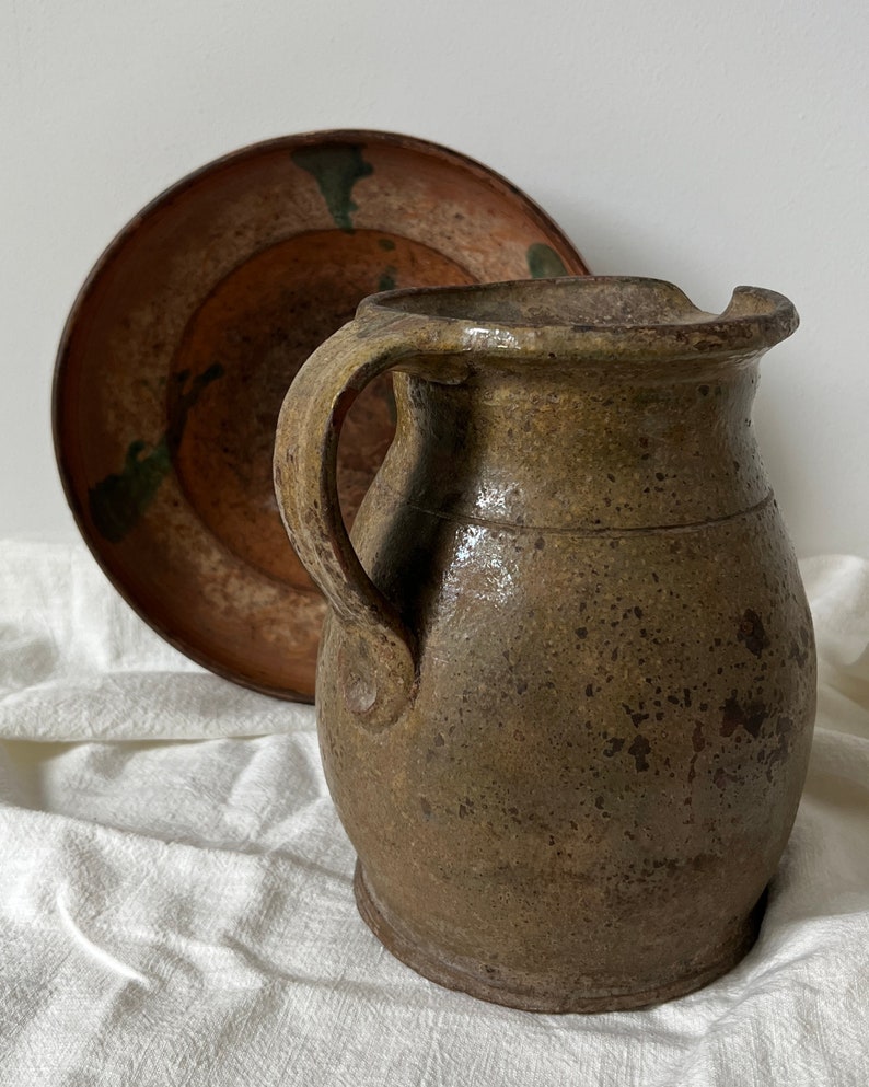 Large Antique Stoneware Jug With Bowl Vintage Handmade Vessel Old ...