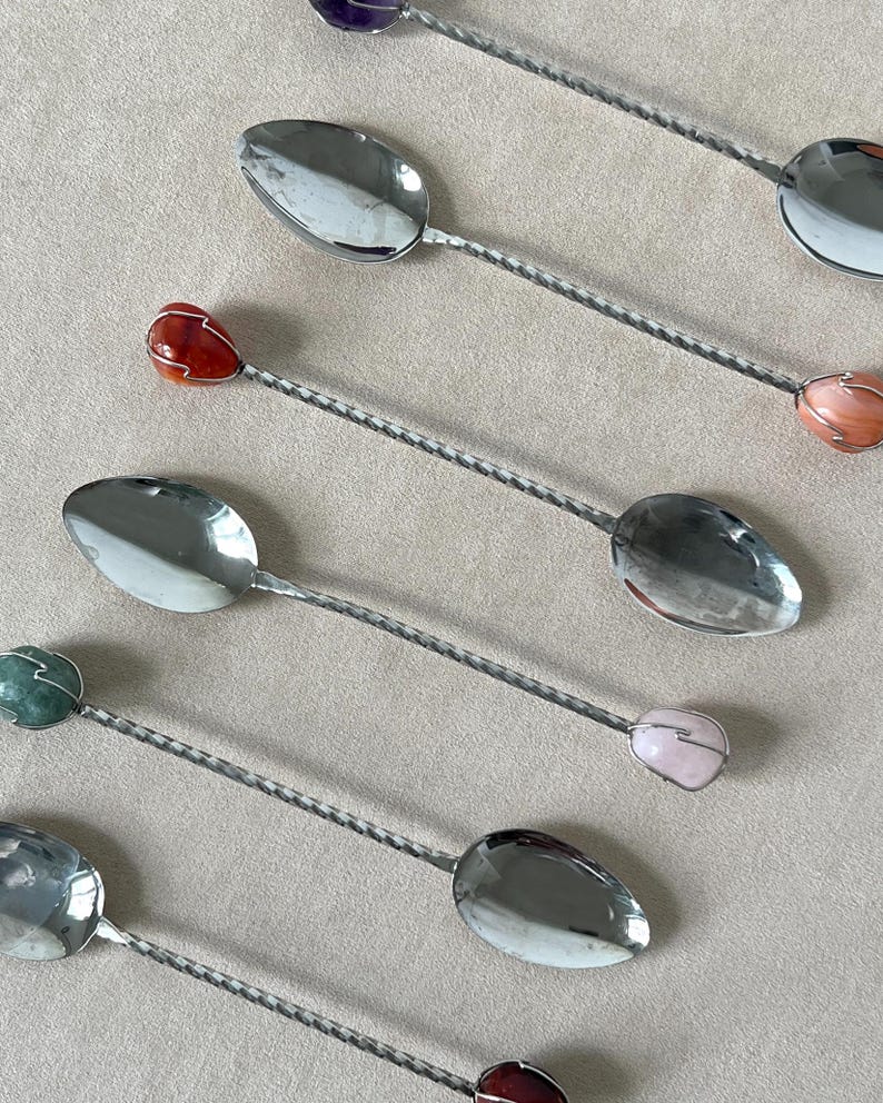 Brazilian ESTILO Silver Twisted Dessert Spoon With Unique Semi-precious ...