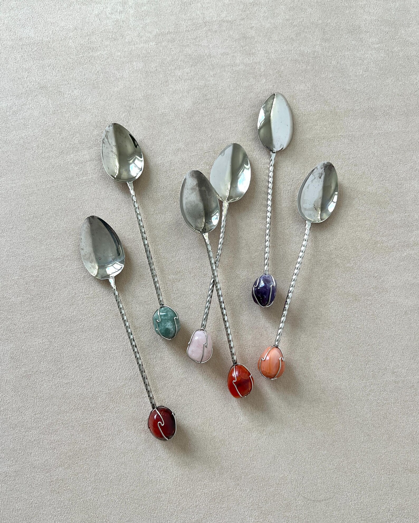 Brazilian ESTILO Silver Twisted Dessert Spoon With Unique Semi-precious ...