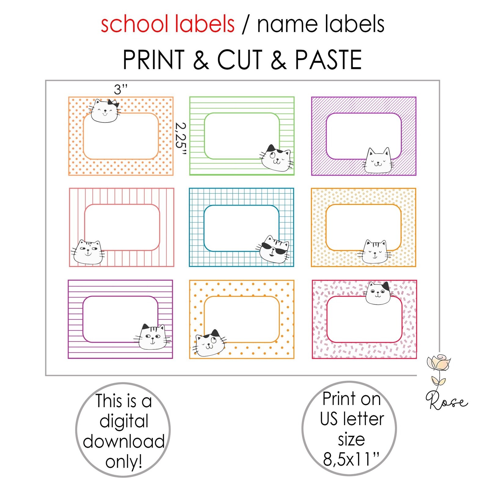 School Name Labels, Back to School Printable for Kids, Kitty School ...