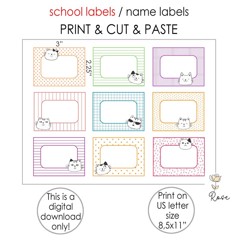 School Name Labels, Back to School Printable for Kids, Kitty School ...