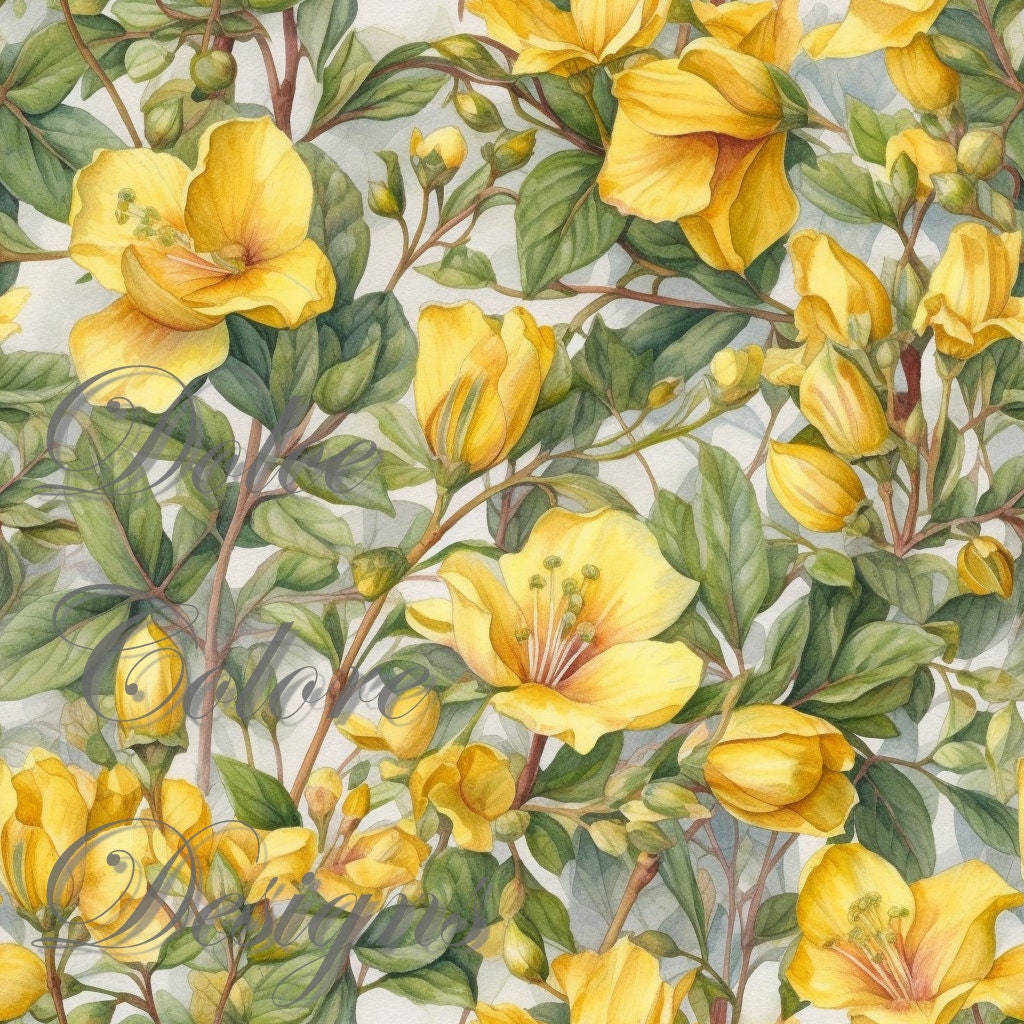 Yellow Watercolor Floral Digital Paper - 12 Tiled Vintage Flower ...