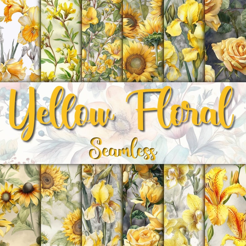Yellow Watercolor Floral Digital Paper - 12 Tiled Vintage Flower ...