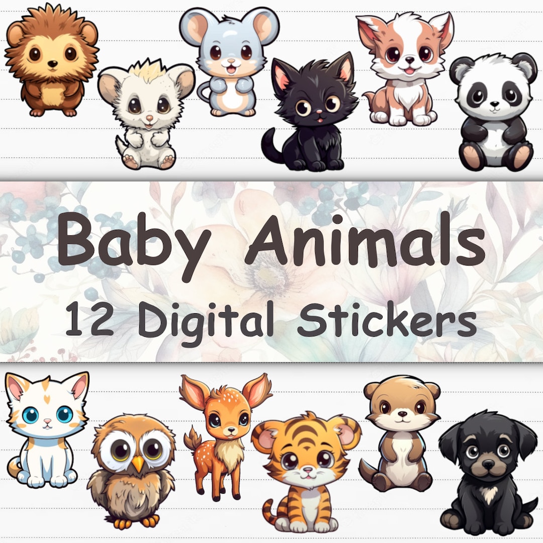 Baby Animal Digital Sticker Pack - 12 Sticker Bundle - Ready for Print ...