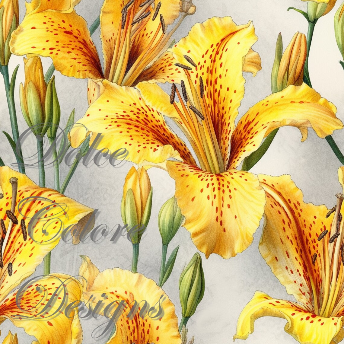 Yellow Watercolor Floral Digital Paper - 12 Tiled Vintage Flower ...