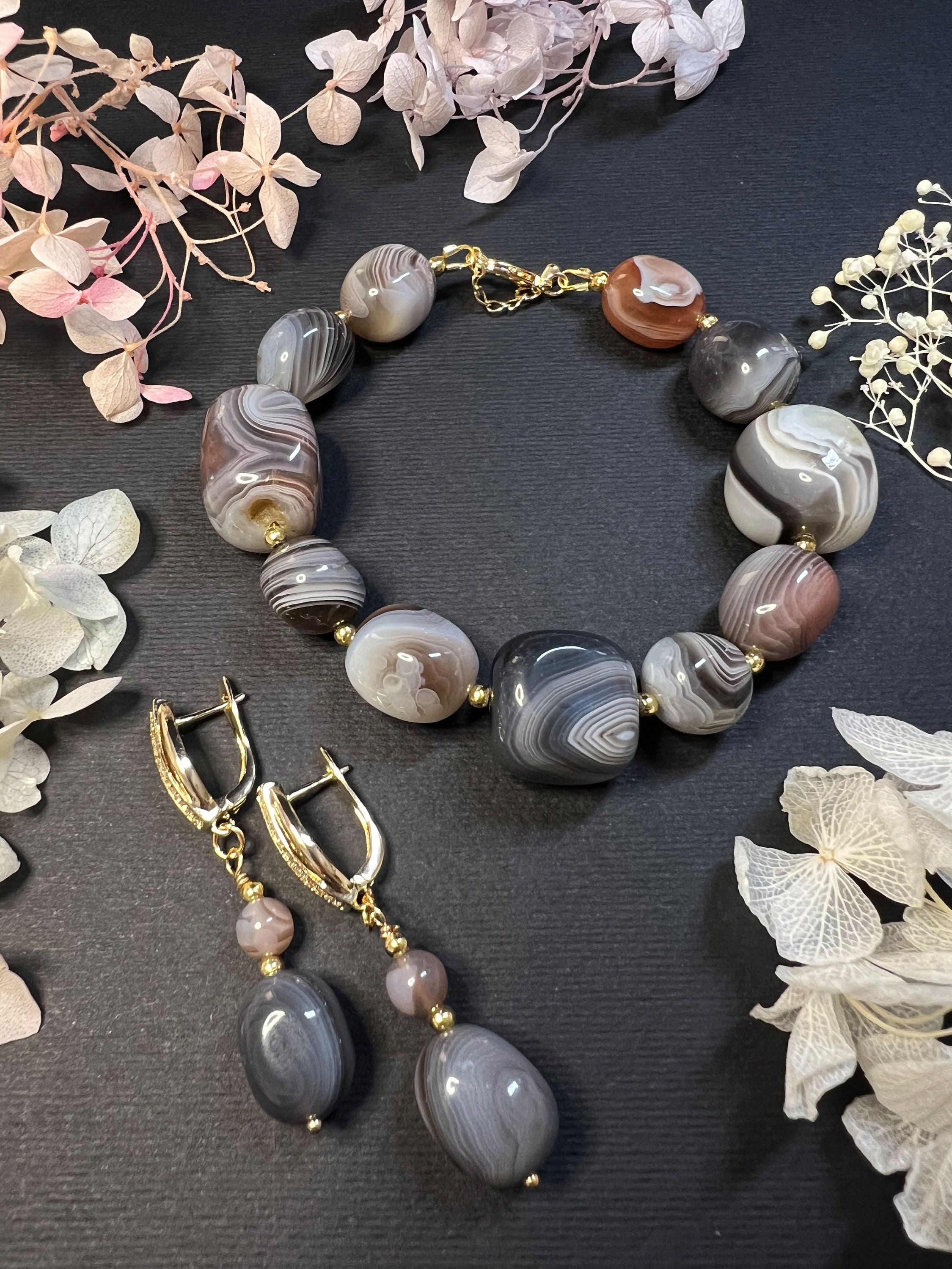Natural Stone Botswana Agate Botswana Agate Bracelet and - Etsy