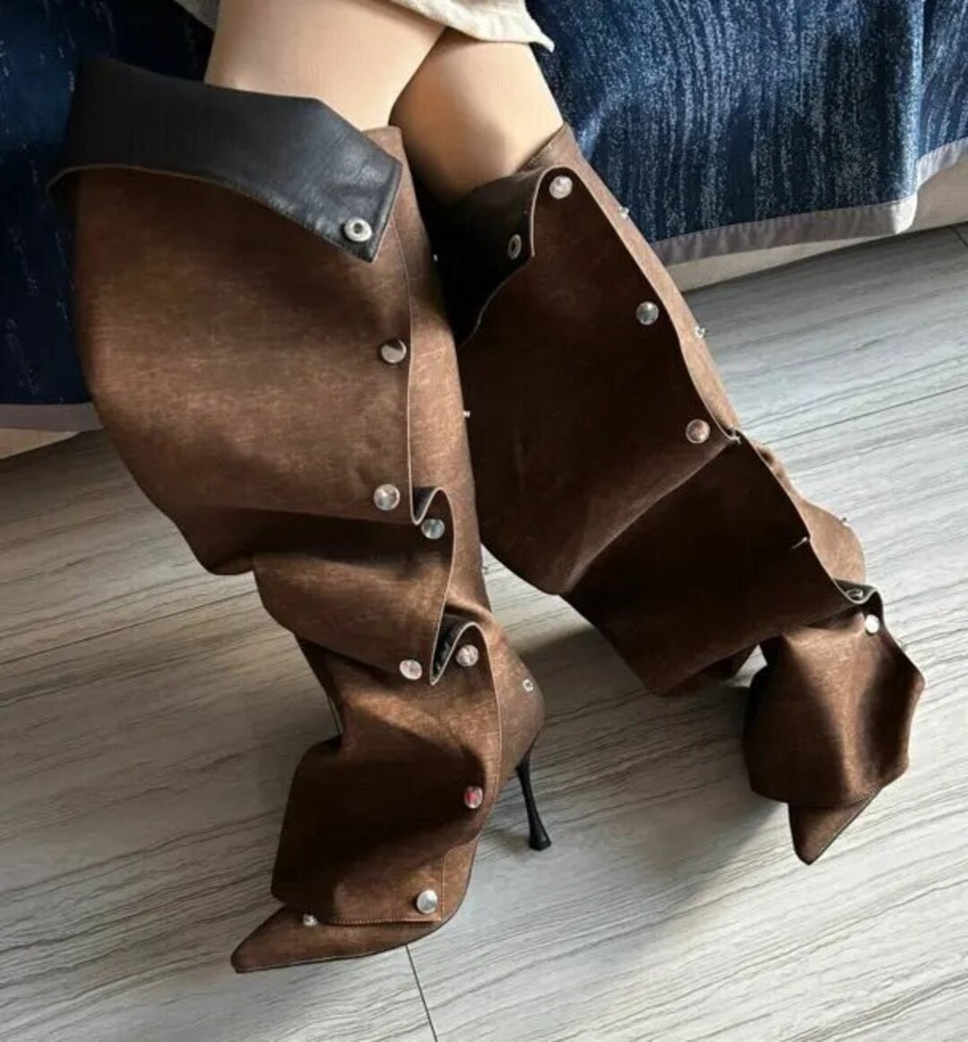 High Heel Long Denim Boots With Metal Buttons - Etsy