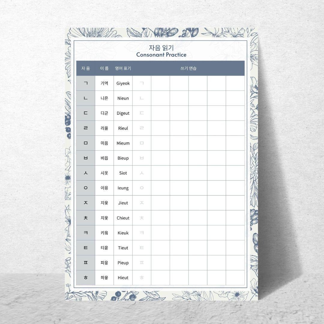 Hangul Consonant Practice Poster – Floral Korean Alphabet Chart | A2 ...