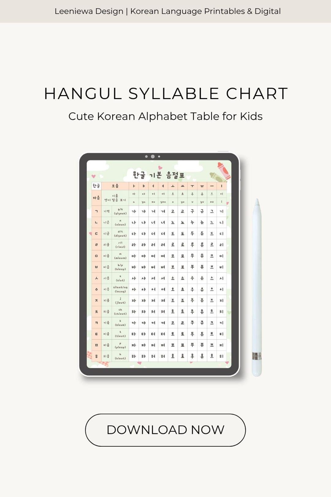 Tableau des syllabes Hangul – Joli tableau de l'alphabet coréen pour ...