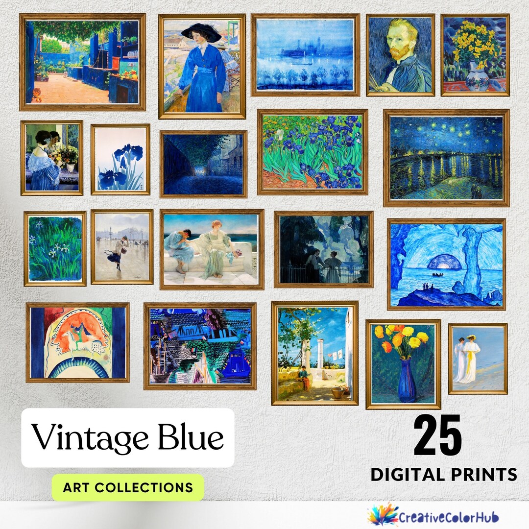 Vintage Blue Gallery Art Collections, Set of 25 Blue Vintage Print Wall ...