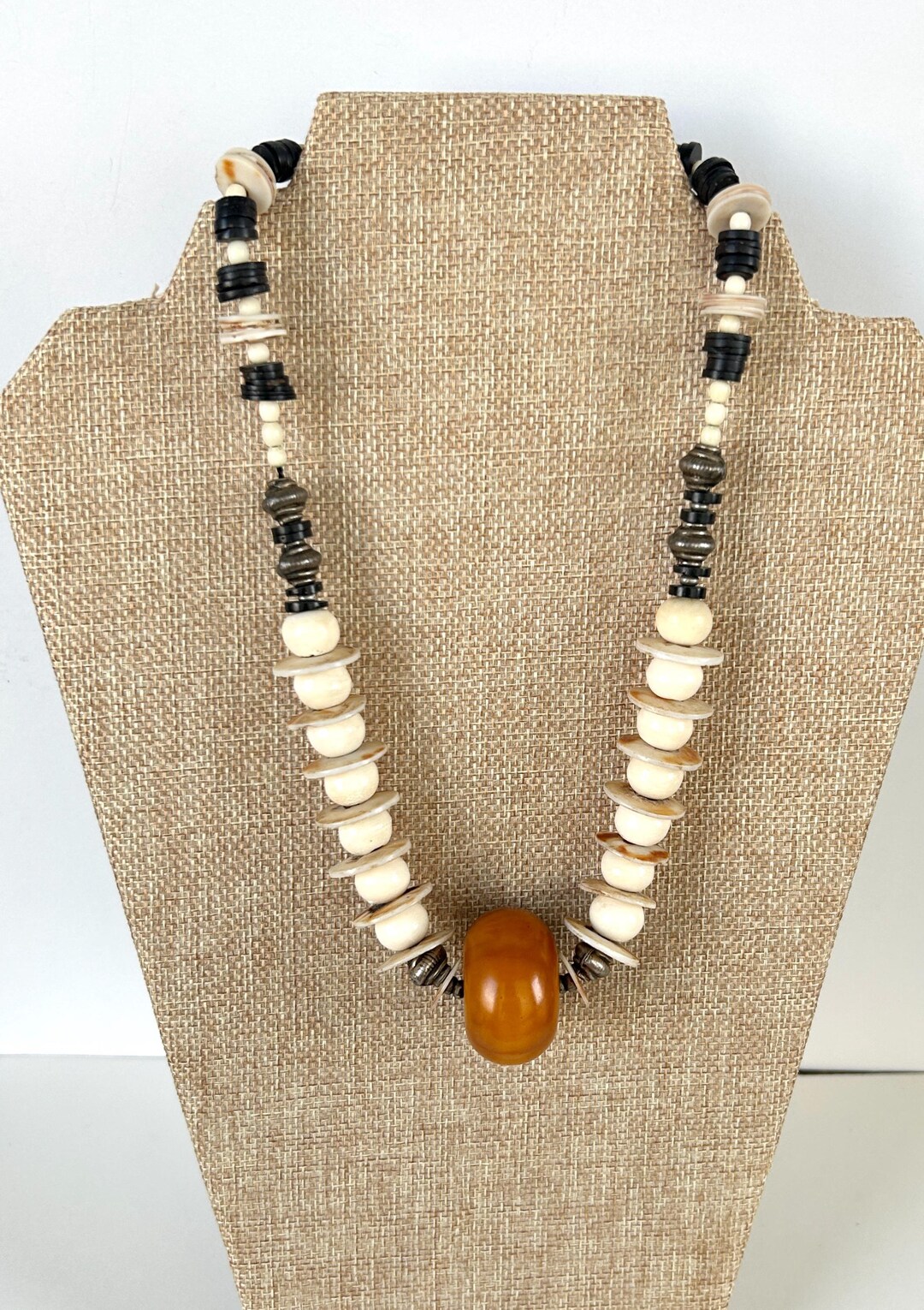 African Copal Necklace With Bone Bead, Tribal Silver Accents and Toggle ...