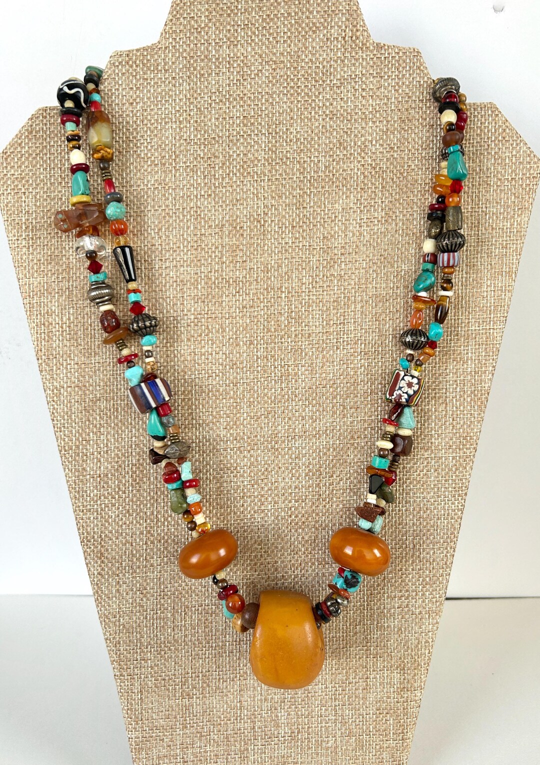 African Copal Necklace With Trade Beads, Turquoise, Mixed Genstones and ...