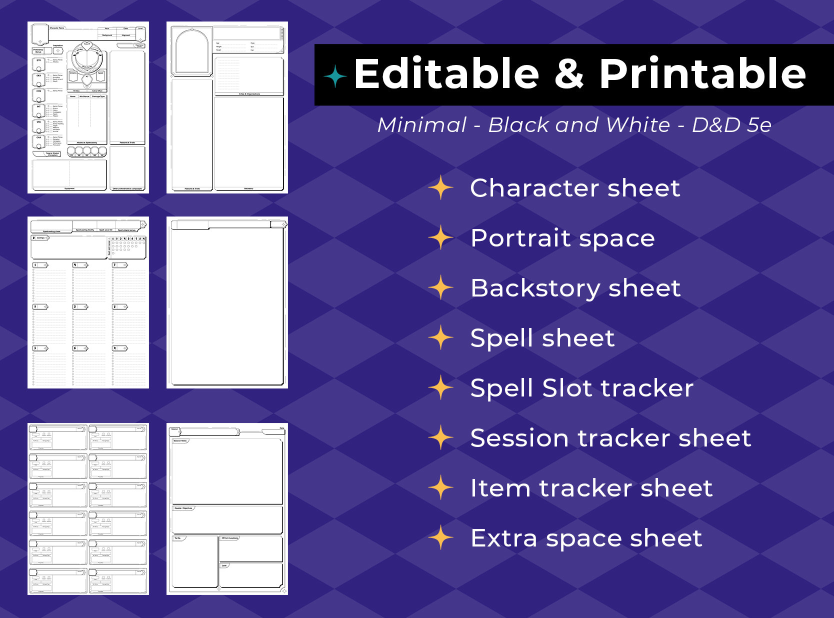 DND Player Bundle TTRPG Player Character Sheets PDF Printable Character ...