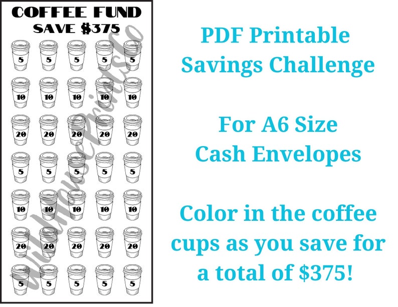 Coffee Fund Savings Challenge Printable 375 Dollar for A6 - Etsy