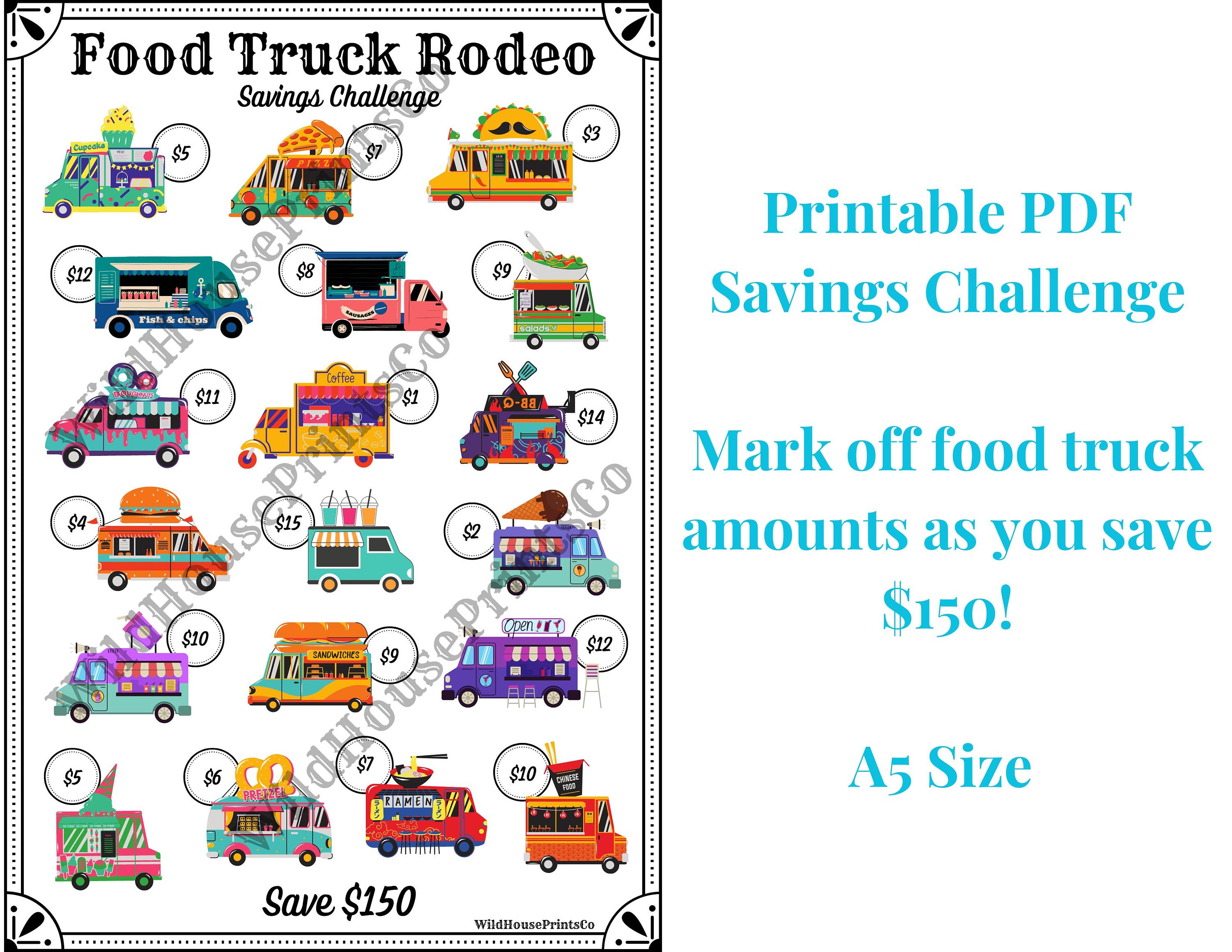 Savings Challenge Printable, Food Truck Rodeo, 150 Dollar, for A5 Cash ...