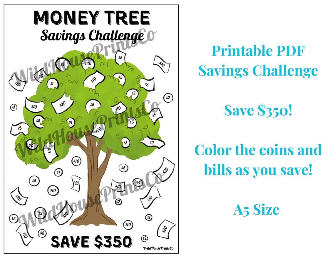 Savings Challenge Printable, Money Tree, 350 Dollar, for A5 Cash ...