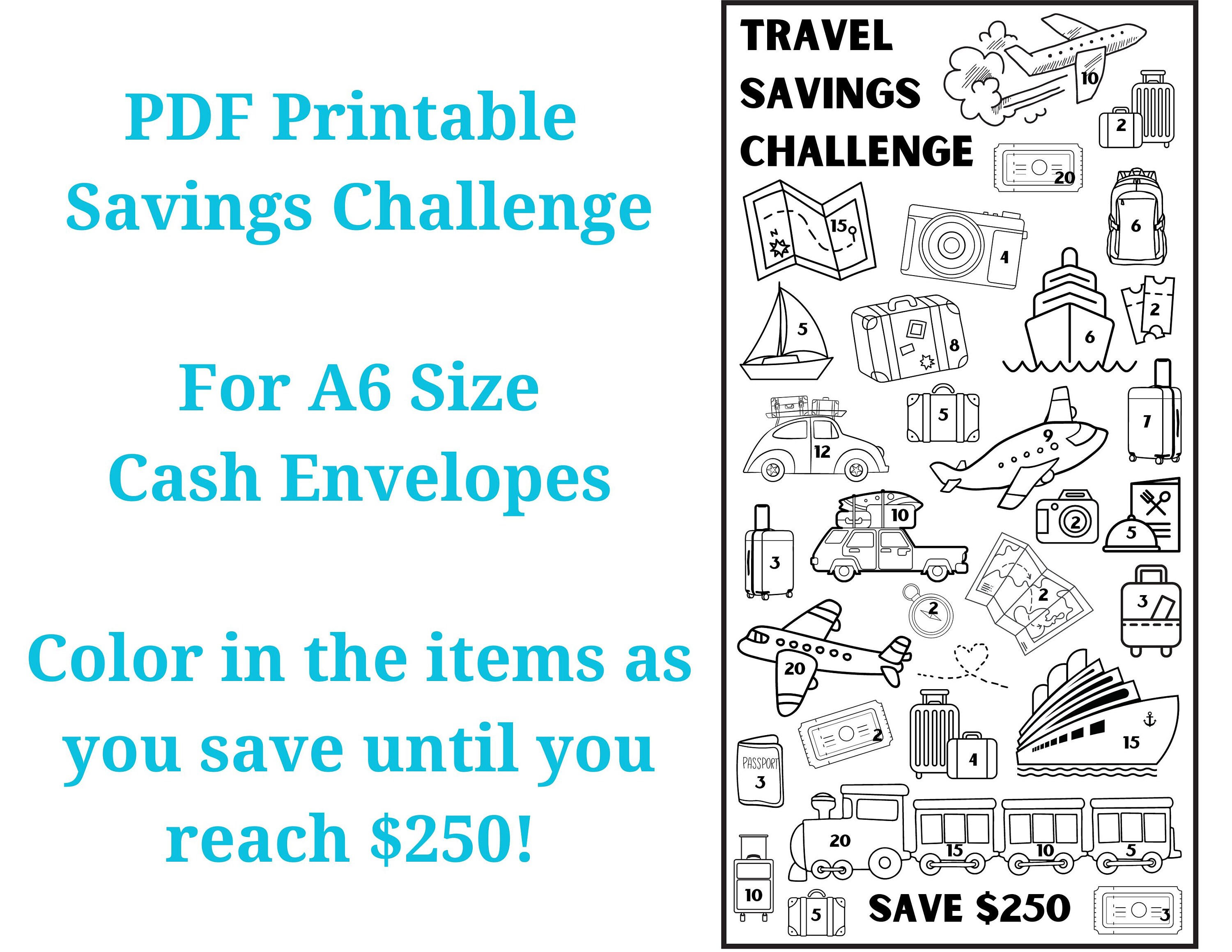 Travel Savings Challenge Printable | 250 Dollars | for A6 Cash ...