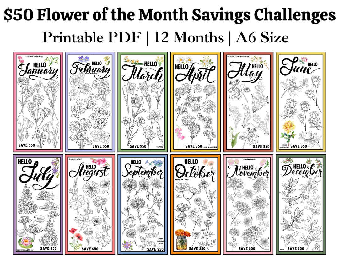 Flower of the Month Savings Challenge Printable Bundle | 50 Dollars ...