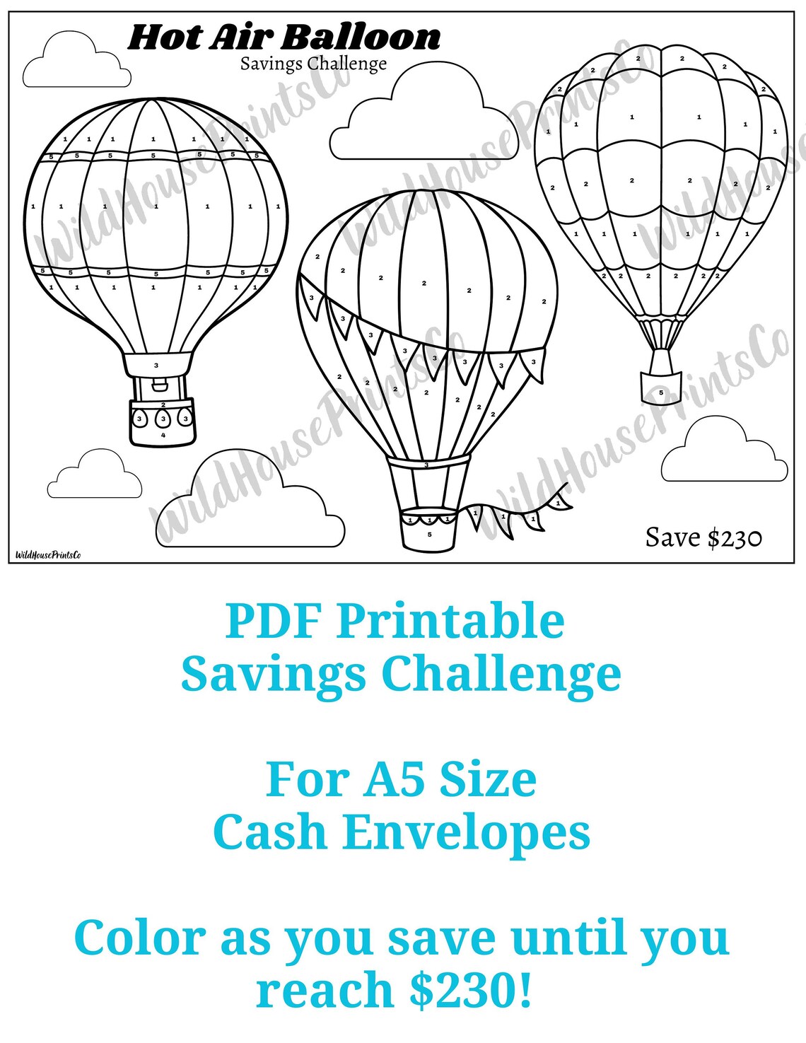 Savings Challenge Printable | Hot Air Balloon | 230 Dollar | for A5 ...
