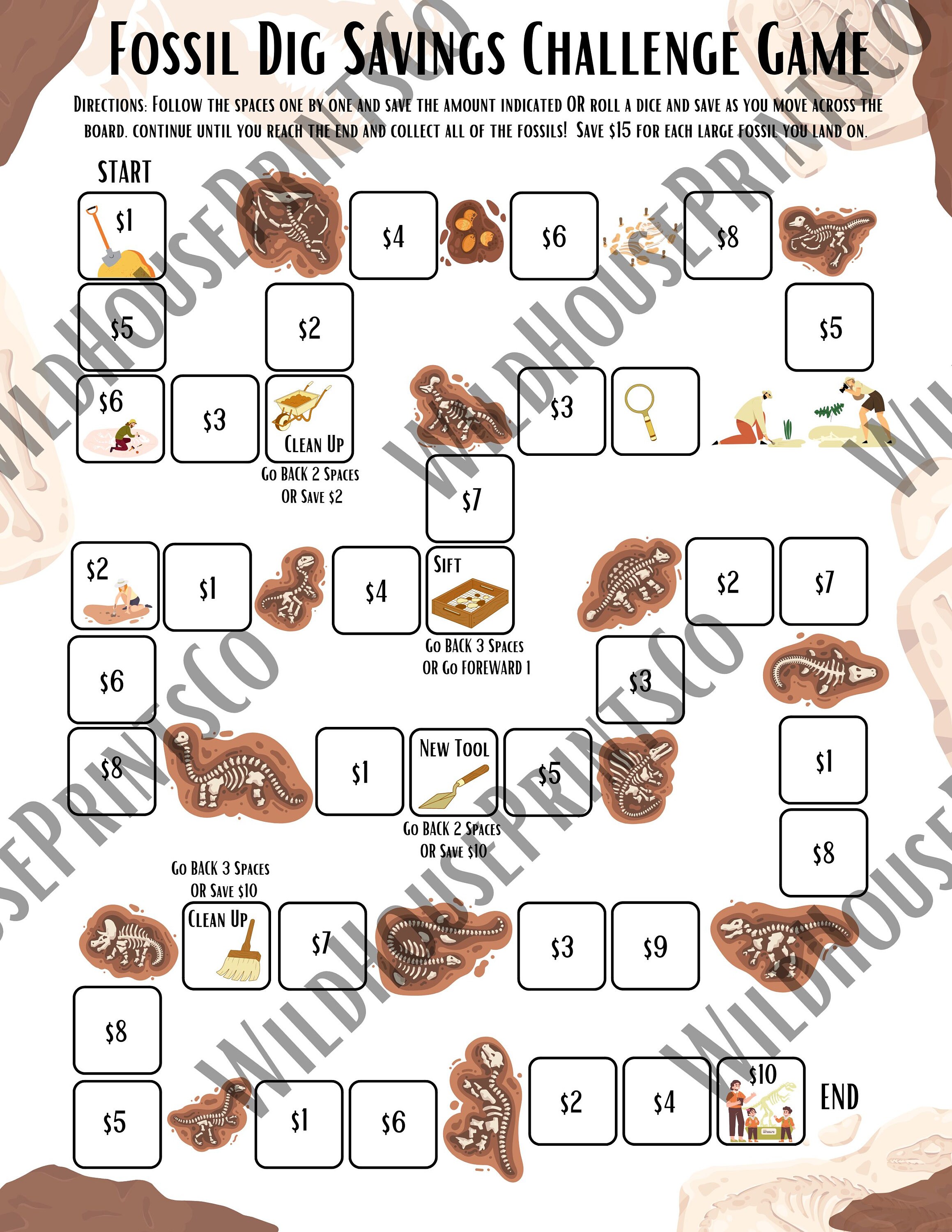 Fossil Dig Savings Challenge Game Printable | Letter Size | A6 Envelope ...