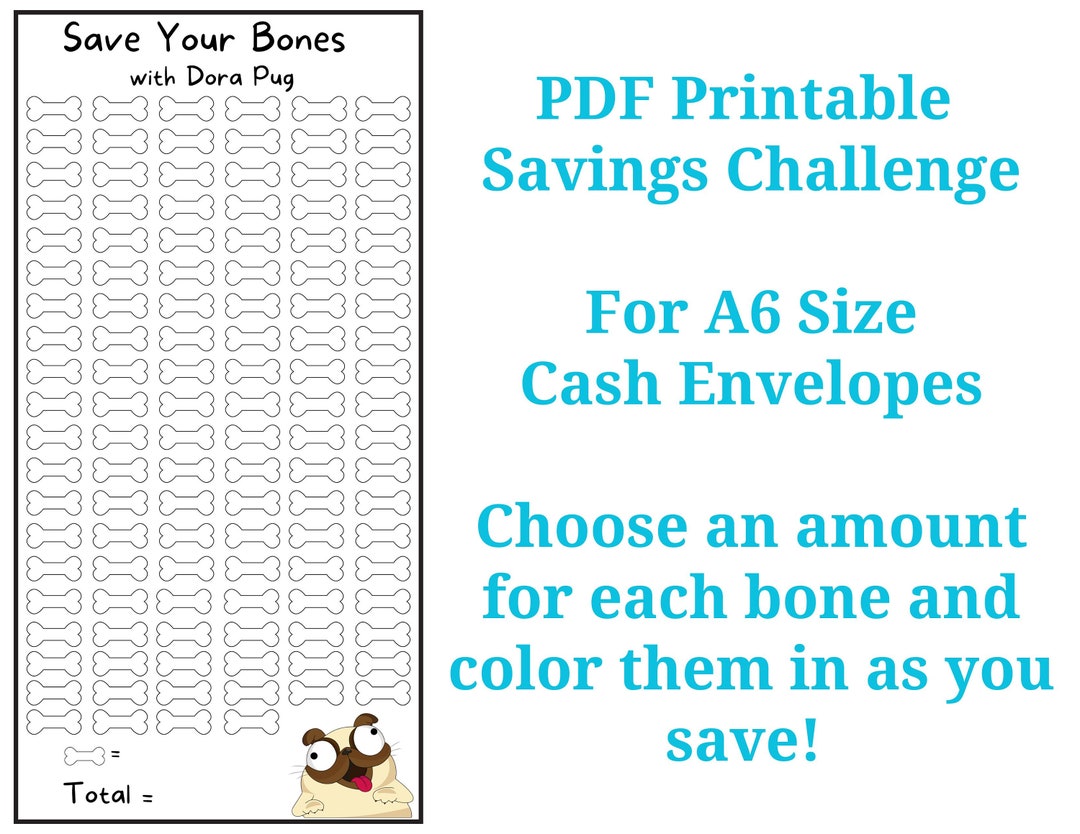 Dog Savings Challenge Printable | Pug | Any Budget | for A6 Cash ...