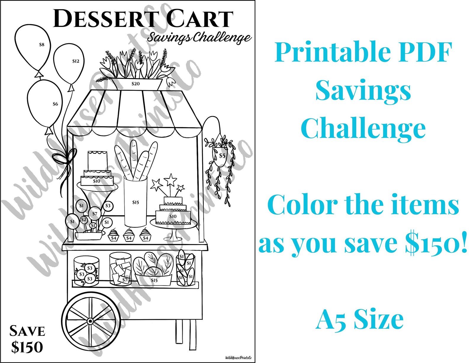 Savings Challenge Printable, Dessert Cart, 150 Dollar, for A5 Cash ...