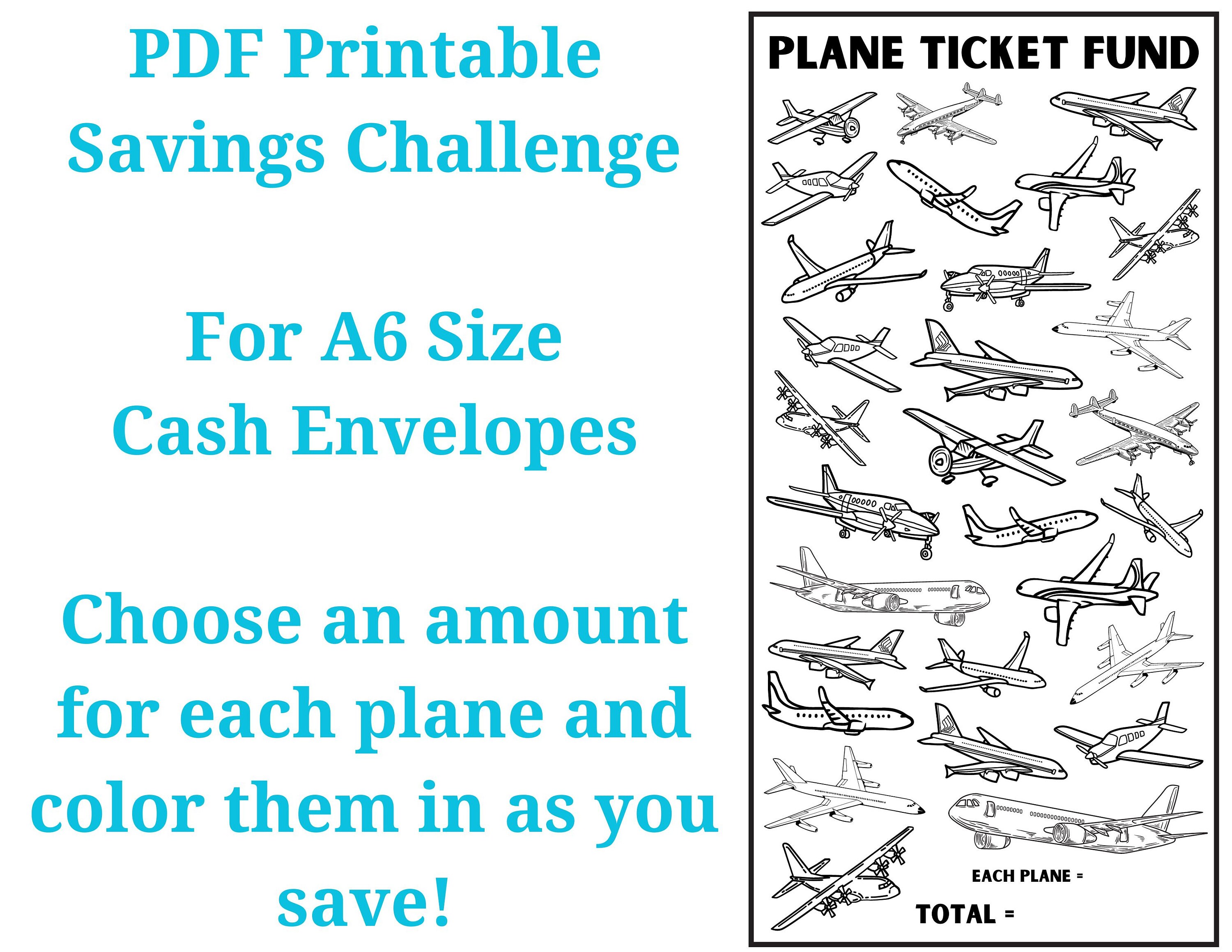 Plane Ticket Fund Savings Challenge Printable Any Budget for A6 Cash ...