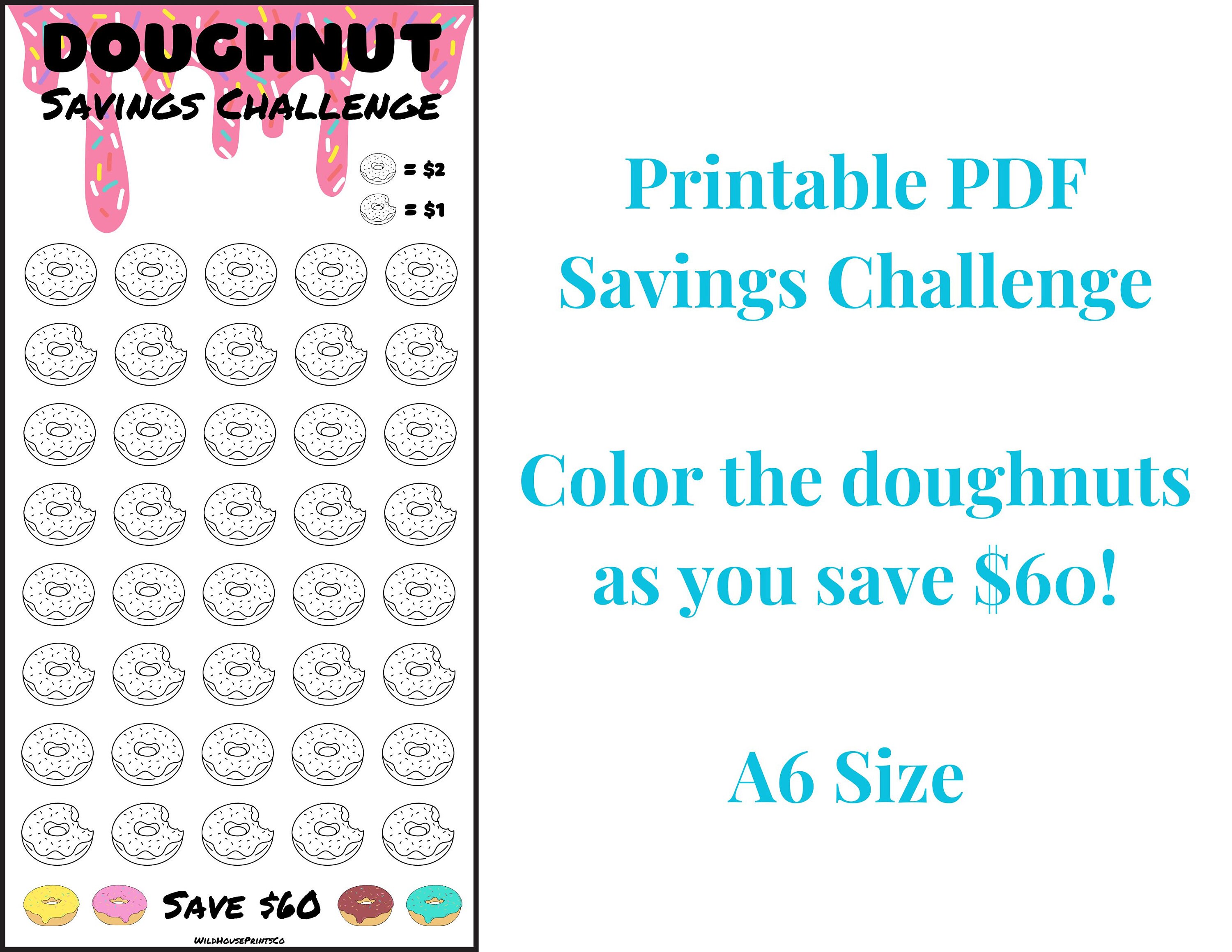 Savings Challenge Printable, Doughnut, 60 Dollar, for A6 Cash Envelopes ...