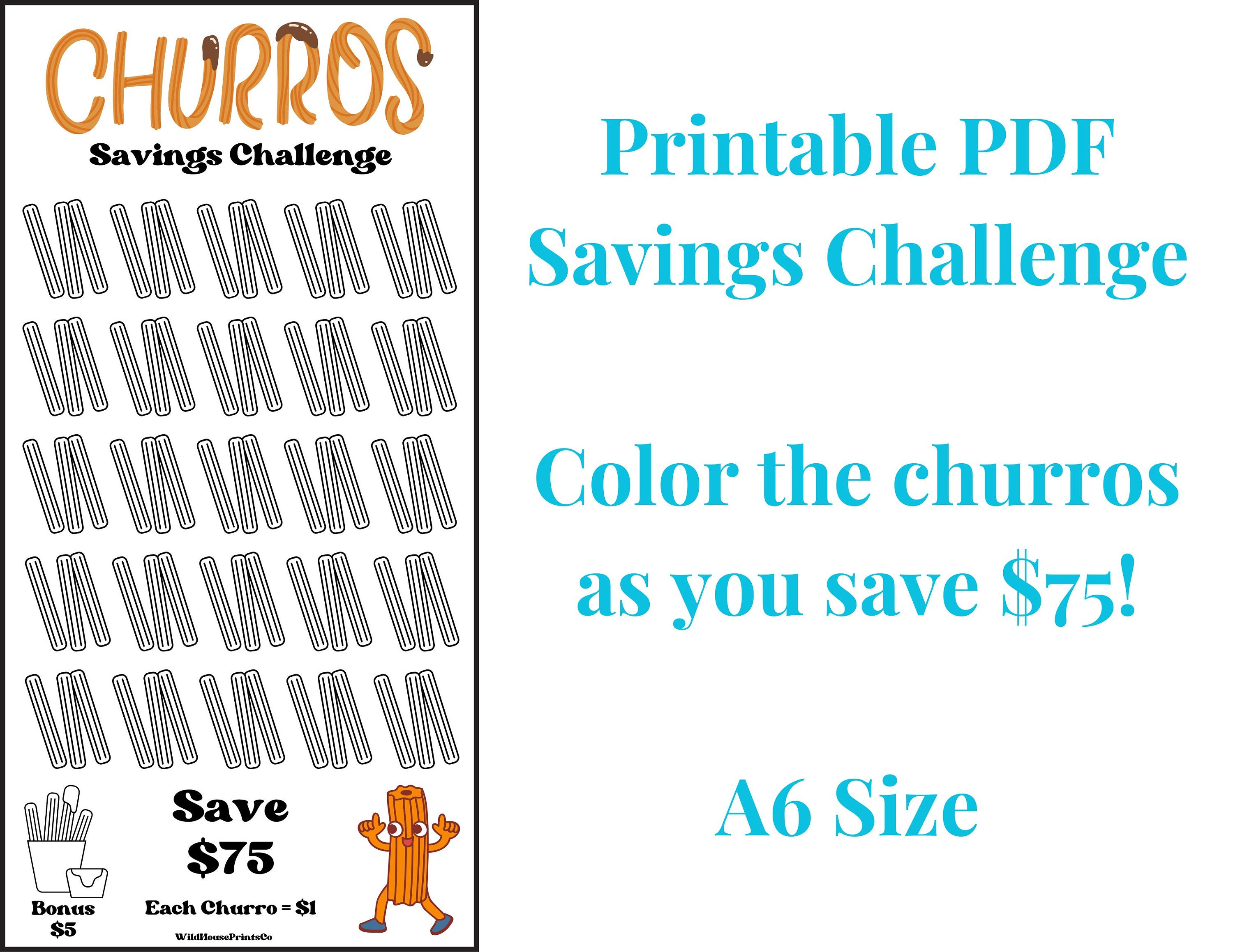 Savings Challenge Printable, Churros, 75 Dollar, for A6 Cash Envelopes ...