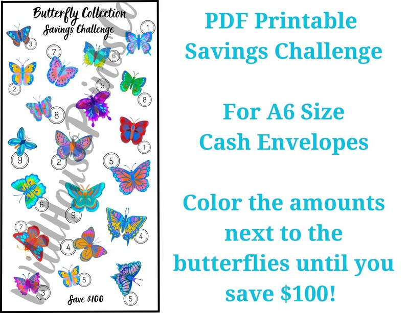 Savings Challenge Printable, Butterfly, 100 Dollar, for A6 Cash ...