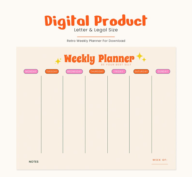 Digital Retro Weekly Planner Printable / Retro Weekly Planner Template ...