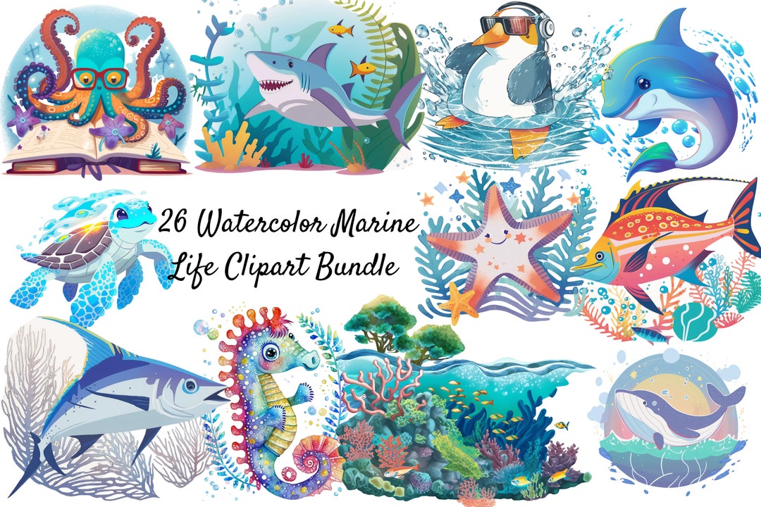 Watercolor Marine Animals Clipart Bundle Cute Decor Bundle for - Etsy