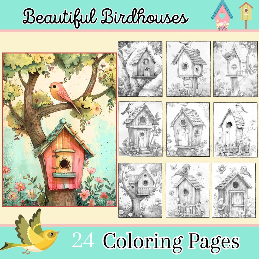 Beautiful Birdhouses Adult Coloring Pages, 24 Digital Downloads ...