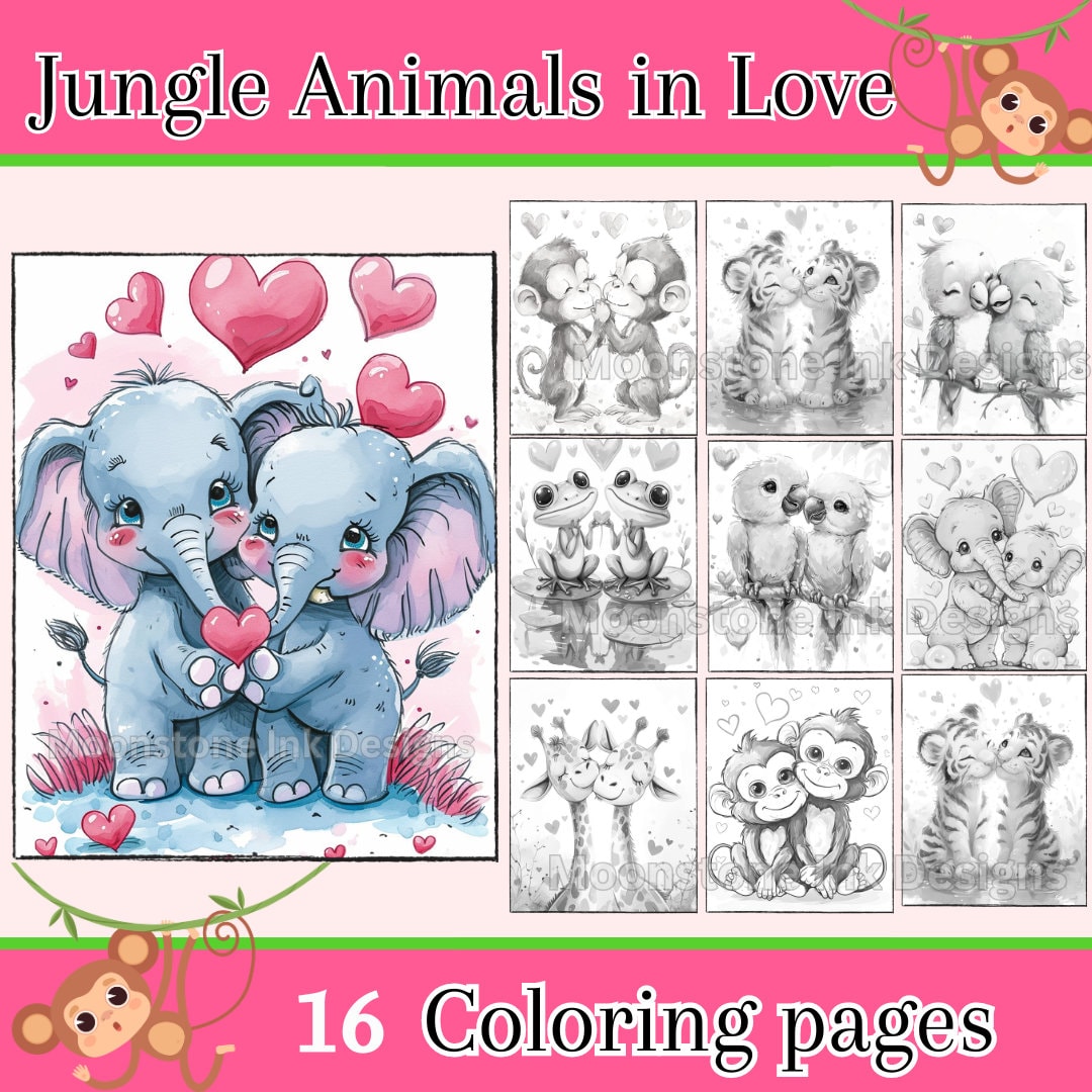 Jungle Animals in Love Coloring Pages, 16 Digital Downloads, Beautiful ...