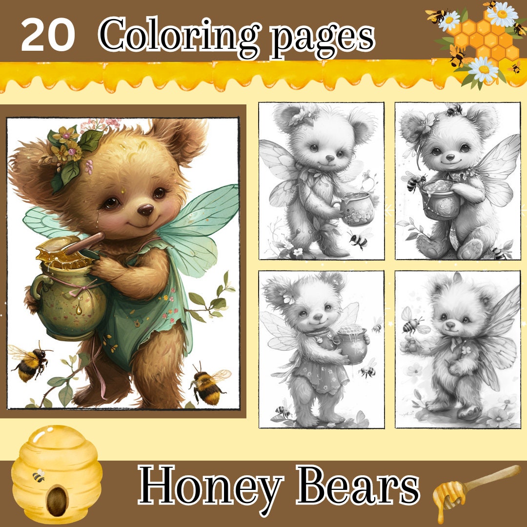Honey Bears Adult Coloring Pages, 20 Digital Downloads, Grayscale ...