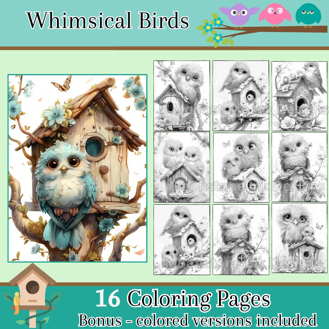 Whimsical Birds Adult Coloring Pages, 16 Digital Downloads, Grayscale ...